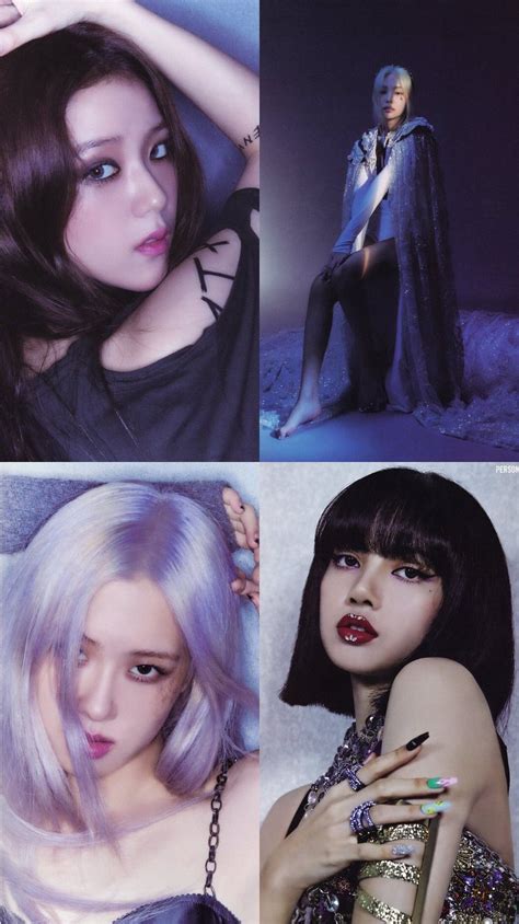 three different pictures of the same woman with purple hair and blue eyes one in black dress