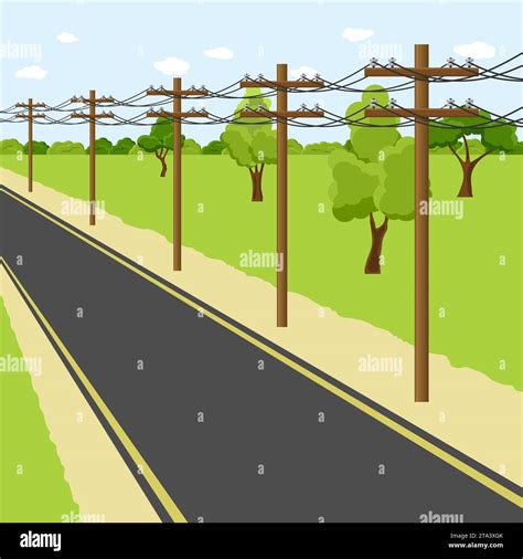 Empty Countryside Road With Electricity Pole Along The Way Utility Pole Electricity Concept