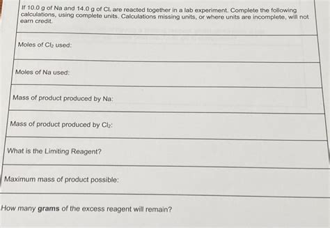 Solved If 10 0 G Of Na And 14 0 G Of Cl Are Reacted Chegg