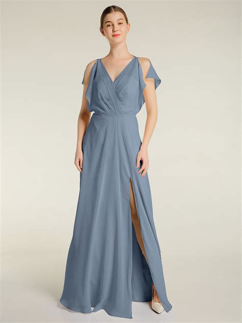 V Neckline Chiffon Maxi Dresses With Slit Dusty Blue Plus Size Babaroni