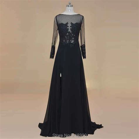 Black Lace Prom Dresses Long Sleeves See Through Prom Dress With Slit