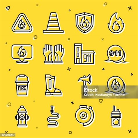 세트 라인 워키토키 긴급 전화 911 방화 방패 소방관 장갑 화염이 있는 위치 삼각형 및 역 아이콘 건물 벡터 건설 산업에 대한 스톡 벡터 아트 및 기타 이미지 Istock