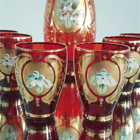 Vintage Red Venetian Glass Decanter With Set 6 Matching Shot Glasses