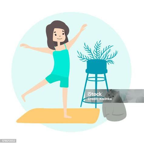 집에서 아침 요가를하는 소녀 스트레칭 피트 니스 웰빙 건강 관리 라이프 스타일 매일 일상 활동 고양이와 함께하는 삶 벡터 플랫 가냘픈에 대한 스톡 벡터 아트 및 기타 이미지