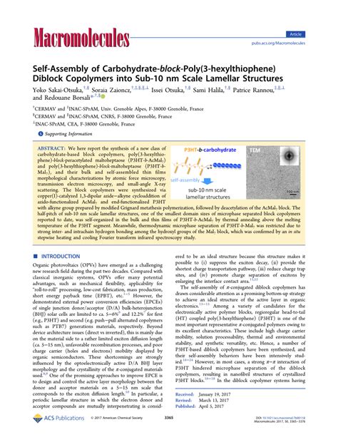 Pdf Self Assembly Of Carbohydrate Block Poly3 Hexylthiophene Diblock Copolymers Into Sub