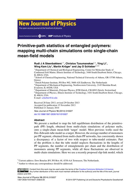Pdf Primitive Path Statistics Of Entangled Polymers Mapping Multi Chain Simulations Onto