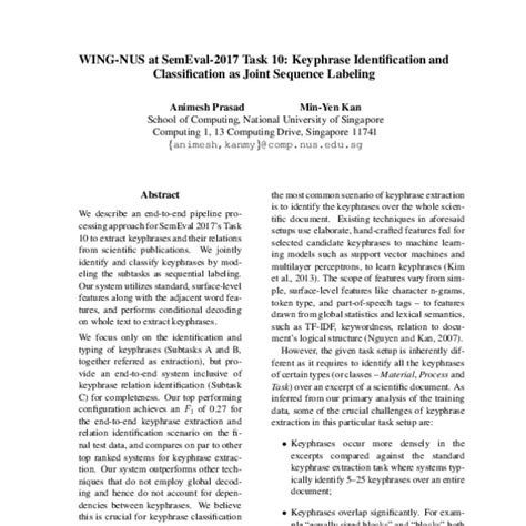 Wing Nus At Semeval 2017 Task 10 Keyphrase Extraction And Classification As Joint Sequence