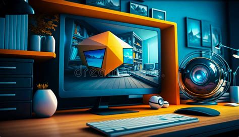 Computer Monitor Sitting On Top Of Wooden Desk Generative AI Stock