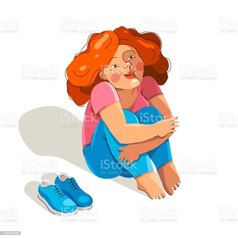 흰색에 고립 된 땅에 맨발로 앉아 귀여운 사랑스러운 행복한 여자는 삶의 개념의 모든 순간을 즐길 수 자신을 꿈 휴식과 진정