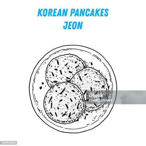 J전 팬케이크 스케치 한국 음식 손으로 그린 벡터 그림 스케치 스타일입니다 맨 위 보기입니다 빈티지 벡터 일러스트레이션 한국