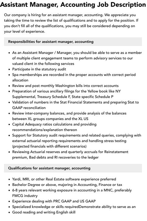 Assistant Manager Accounting Job Description Velvet Jobs