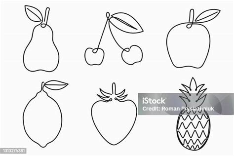 한 줄 그리기 과일 세트입니다 연속 라인 과일 배 사과 체리 레몬 딸기와 파인애플 손으로 그린 미니멀리스트 일러스트 개체 그룹에 대한 스톡 벡터 아트 및 기타 이미지