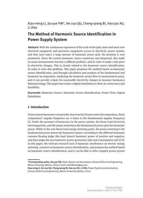 Pdf The Method Of Harmonic Source Identification In Power Supply System Selected Papers From