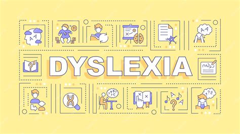 노란색 단색 배경 편집 가능한 2d 벡터 그림에 다양한 얇은 선 아이콘 개념이 있는 난독증 텍스트 프리미엄 벡터
