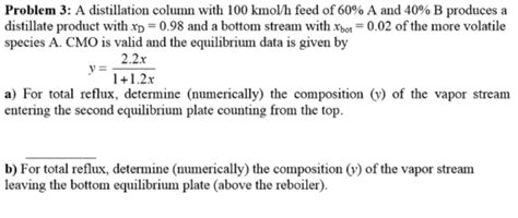 Solved Problem A Distillation Column With Kmol H Feed Chegg