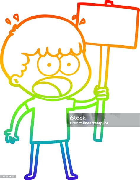 무지개 그라데이션 선 그림은 플래카드를 가진 만화 충격을 받은 남자의 귀여운에 대한 스톡 벡터 아트 및 기타 이미지 귀여운