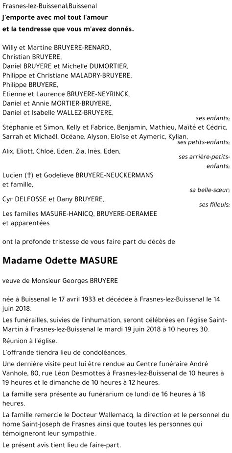 Avis De Décès De Odette Masure Décédé Le 14062018 à Frasnes Lez