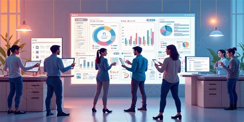 대규모 화면에 차트 및 그래프를 사용하여 현대 사무실에서 데이터 분석을 논의하는 다양한 전문가 그룹 다양한 전문가 데이터 분석 현대 사무실 배경 일러스트 및 사진 무료