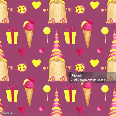 보라색 배경에 수채화 발렌타인 데이 원활한 패턴 스칸디나비아 노메 선물 아이스크림 버튼 하트 끝없는 프린트 귀여운 분홍색과 노란색 로맨틱 한 디지털 종이 벽지 가공의 인물에