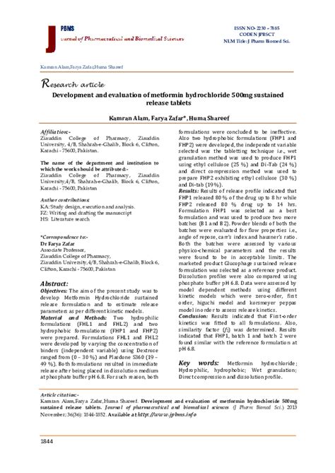 Pdf Development And Evaluation Of Metformin Hydrochloride 500mg Sustained Release Tablets