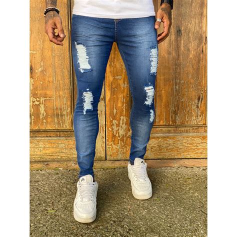 Calça Jeans Masculina Super Skinny Com Lycra Rasgada Elastano Premium