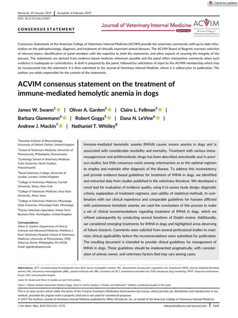 Veterinary Internal Medicne 2019 Swann Acvim Consensus Statement On The Treatment Of