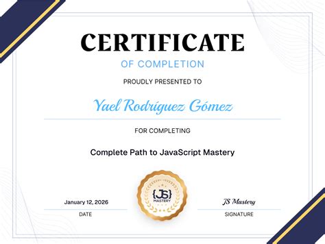 Certificate Of Completion Complete Path To Javascript Mastery Completion
