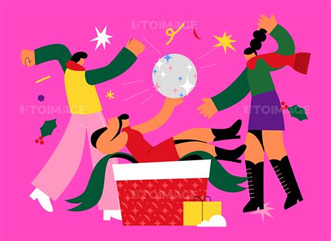 유토이미지 미러볼을 들고 연말 파티를 즐기는 사람들이 있는 백터 일러스트