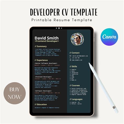 Printable Developer Cv Template And Cover Letter Etsy