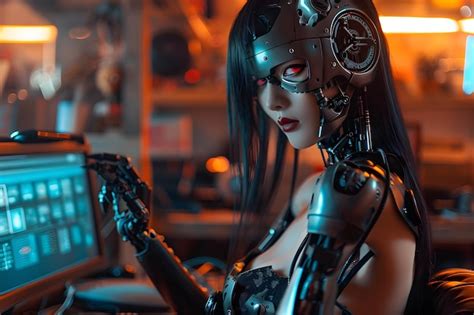 A Woman In A Robot Suit Sitting In Front Of A Computer Premium AI Generated Image