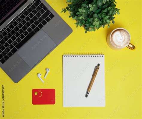 online chinese language course moke up layout of laptop headphones