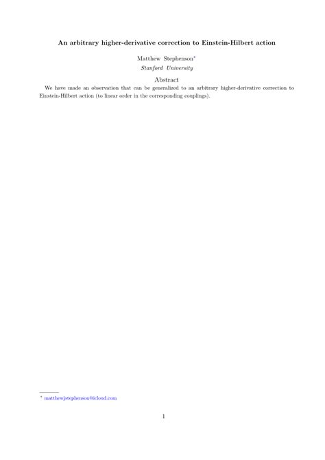 Pdf An Arbitrary Higher Derivative Correction To Einstein Hilbert Action