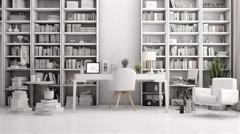 현대적인 흰색 학습실은 학습용 책상 책장과 세련된 장식을 갖춘 개념적 인테리어를 3d 렌더링합니다 집 책상 의자 내각 배경 일러스트 및 사진 무료 다운로드 Pngtree