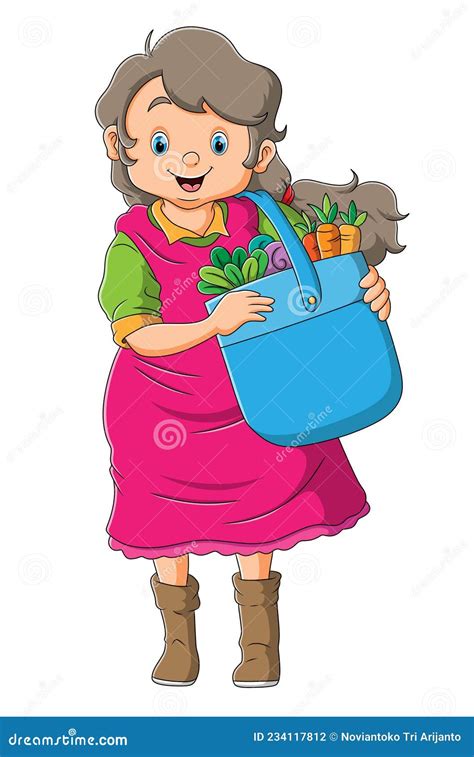 The Farmer Women Is Holding A Bucket Of Vegetables Stock Vector