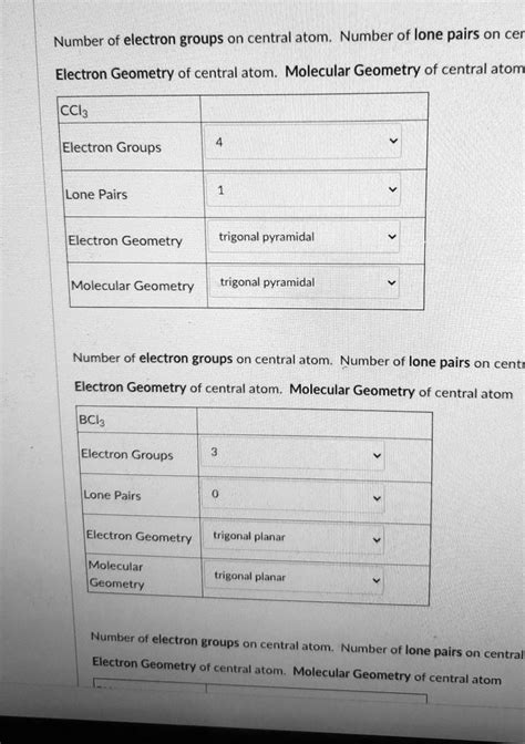 Solved Number Of Electron Groups On Central Atom Number Of Lone Pairs On Cer Electron Geometry