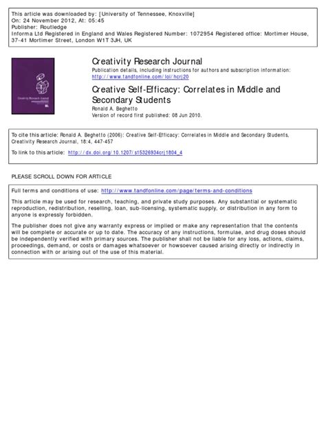 Creative Self Efficacy Scale See P 450 Pdf Self Efficacy Creativity