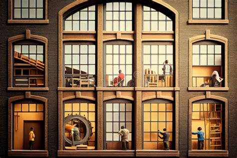 Window Factory With Workers Assembling Window Frames And Installing