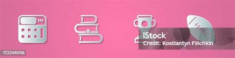 종이 컷 계산기 책 보너스 컵 및 미식 축구 공 아이콘을 설정합니다 종이 아트 스타일 벡터 3차원 형태에 대한 스톡 벡터 아트