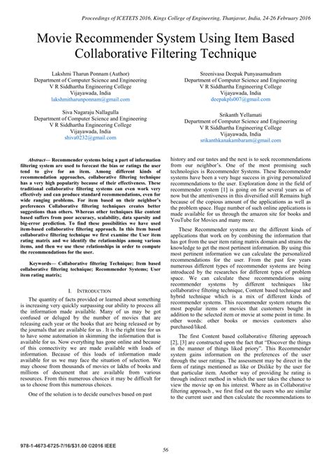 Pdf Movie Recommender System Using Item Based Collaborative Filtering Technique
