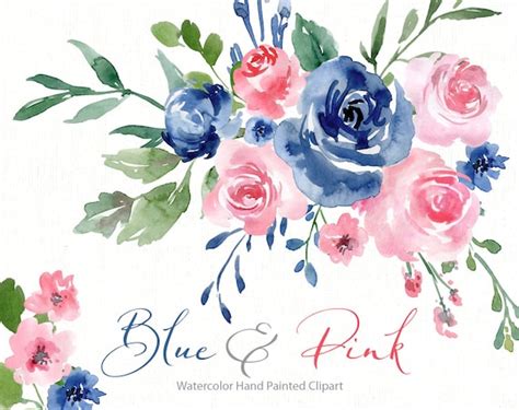 Watercolor Pink Blue Flowers Clipart Indigo Navy Blush Floral Etsy Canada