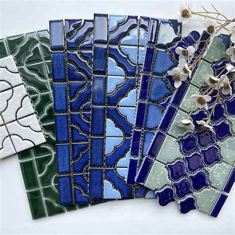 Flower Pattern Blue Ceramic Pool Waterline Tile Bczg011a Waterline