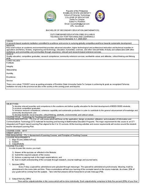 Obe Syllabus Technology For Teaching And Learning Math Pdf