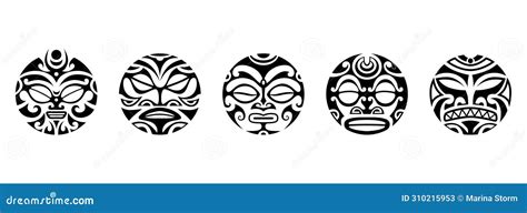 Set Of Round Maori Tattoo Ornament With Sun Symbols Face African Maya