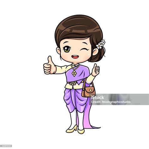 태국 전통 의상 마스코트 만화 캐릭터를 입은 귀여운 소녀 엄지손가락 위로 자세 벡터 그림 귀여운에 대한 스톡 벡터 아트 및 기타