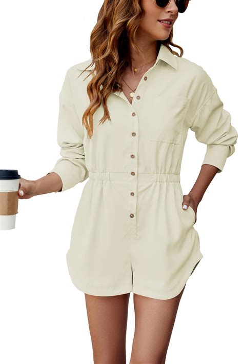 Syneelife Women Button Down Short Jumpsuits Long Sleeve Cargo Rompers