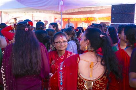 Nepali Hindu Festival Teej Celebration With Women Wearing Red Dancing