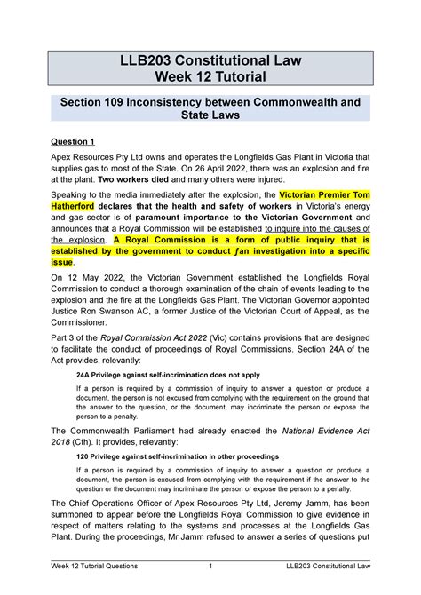 Llb203 Week 12 Tutorial Questions Llb203 Constitutional Law Week 12