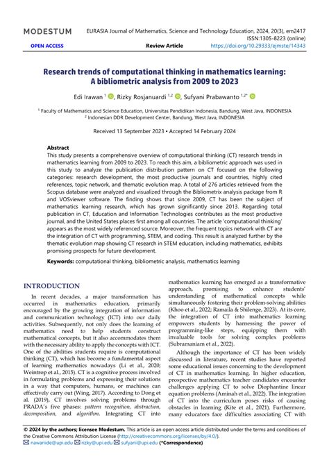 Pdf Research Trends Of Computational Thinking In Mathematics Learning A Bibliometric Analysis