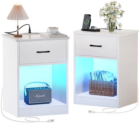 Huuger Nightstands Set Of 2 Night Stands With Charging Station LED