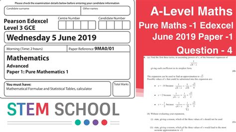 A Level Maths Edexcel June 2019 Paper 1 Pure Maths 1 9ma0 01